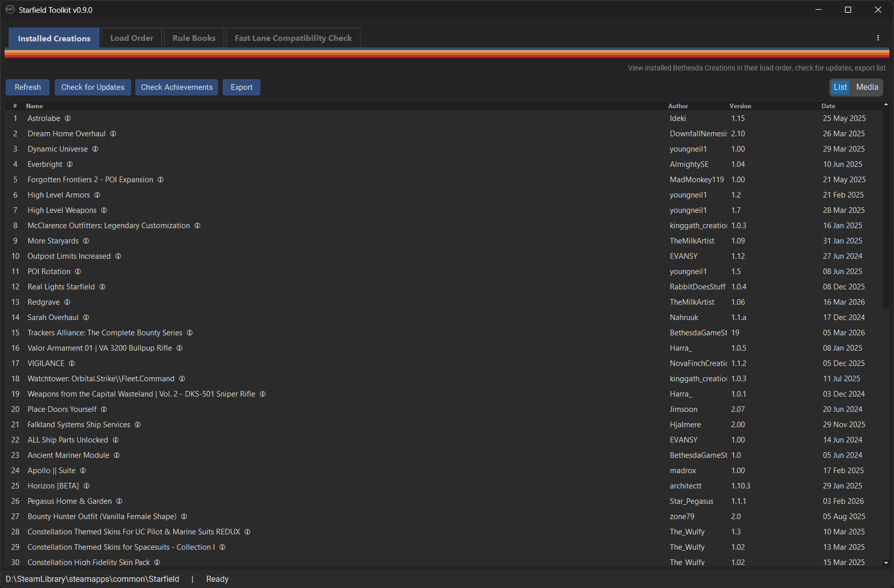 Installed Creations tab — Starfield Toolkit Docs